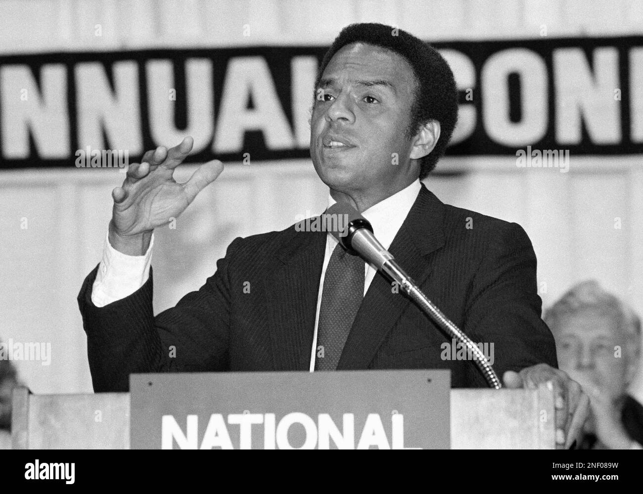 Andrew Young, Mayor of Atlanta gestures as he speaks before the closing ...