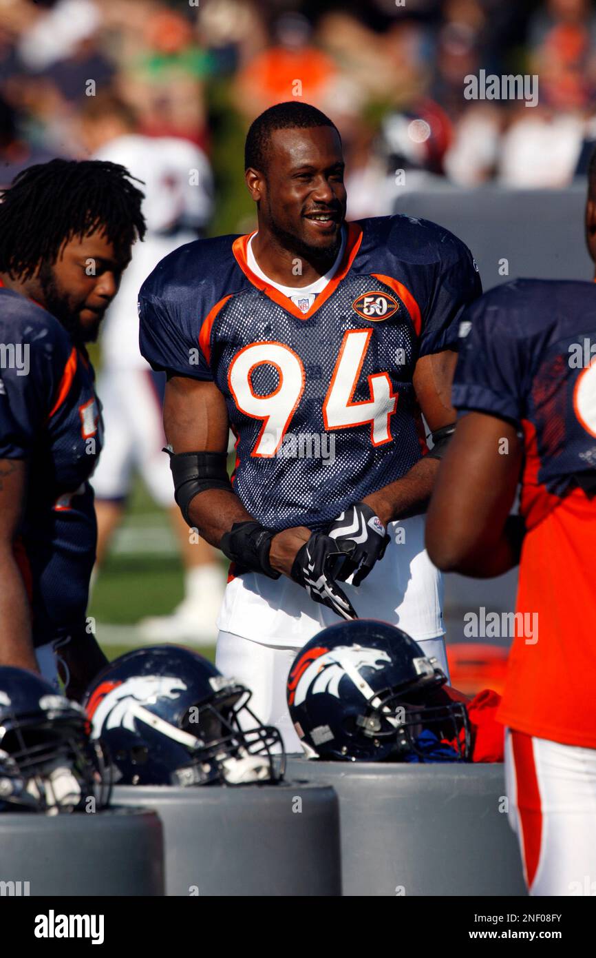 Denver Broncos linebacker Jarvis Moss takes part in drills at the team ...