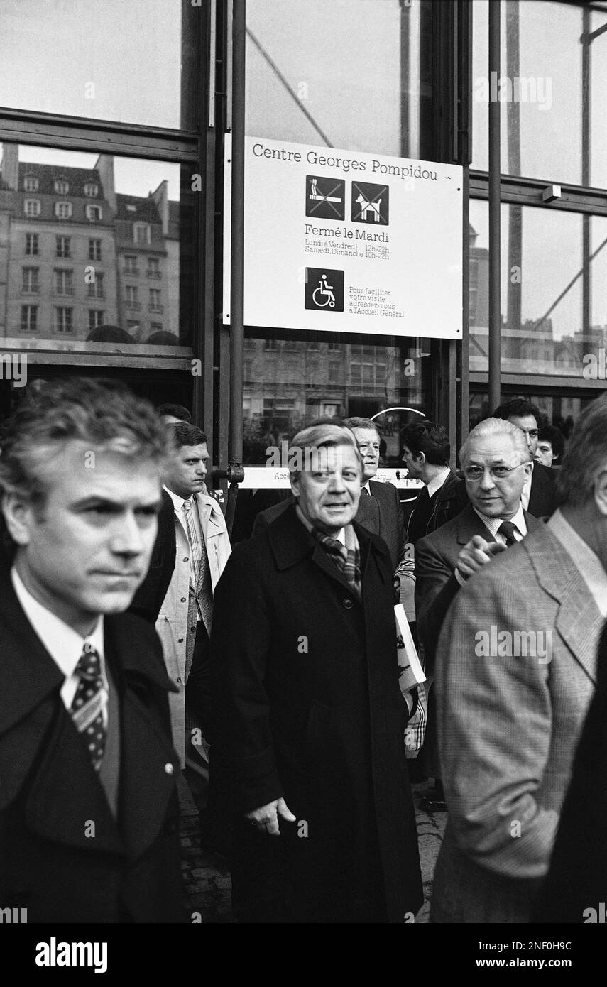 West German Chancellor Helmut Schmidt enters the Georges Pompidou arts center, Monday, Feb. 4 ...