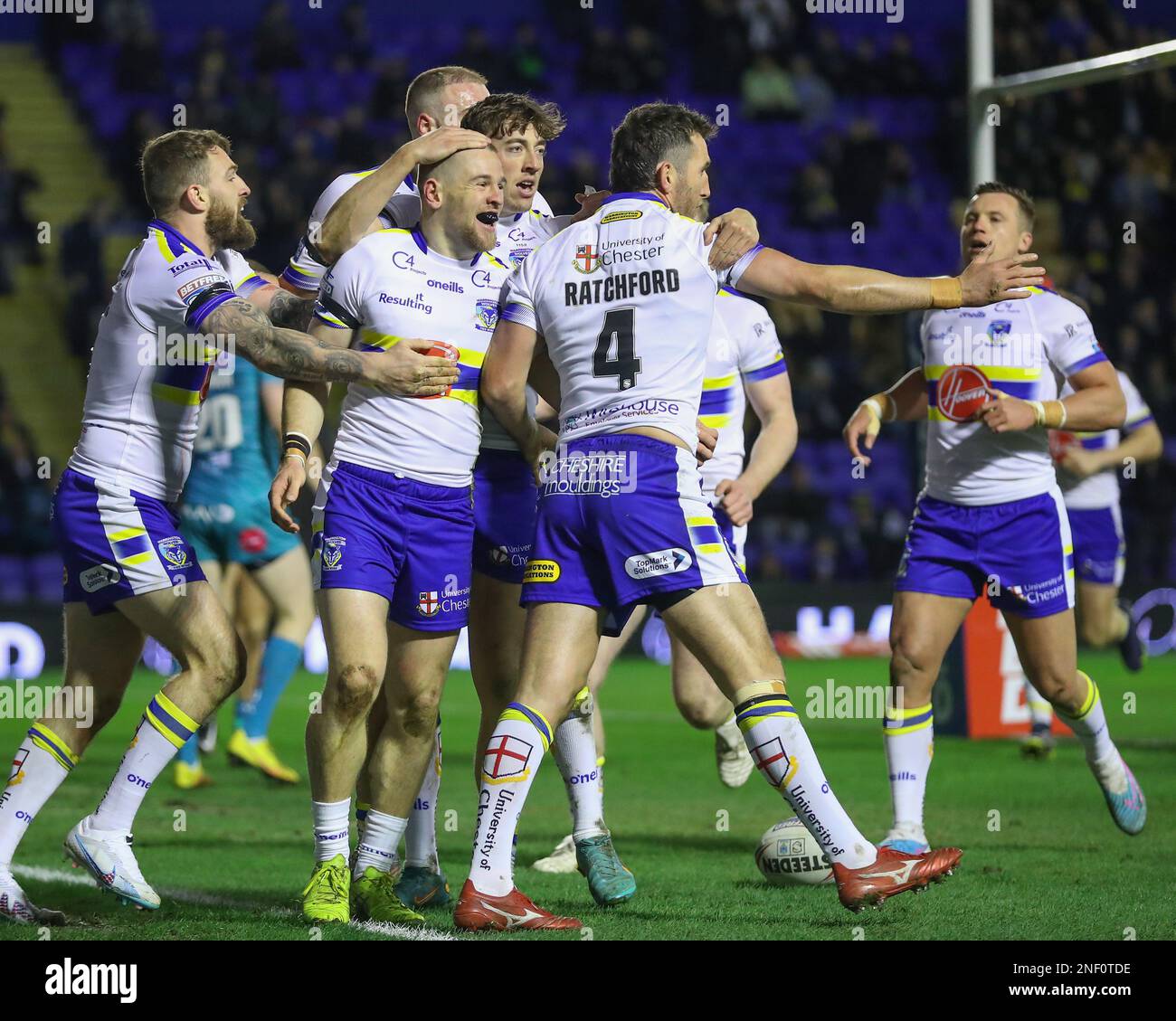Matt Dufty #1 of Warrington Wolves celebrates his try during the ...