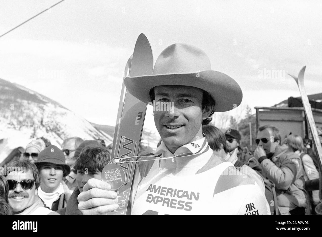 Ingemar Stenmark of Sweden put on a big cowboy hat and showed off his ...