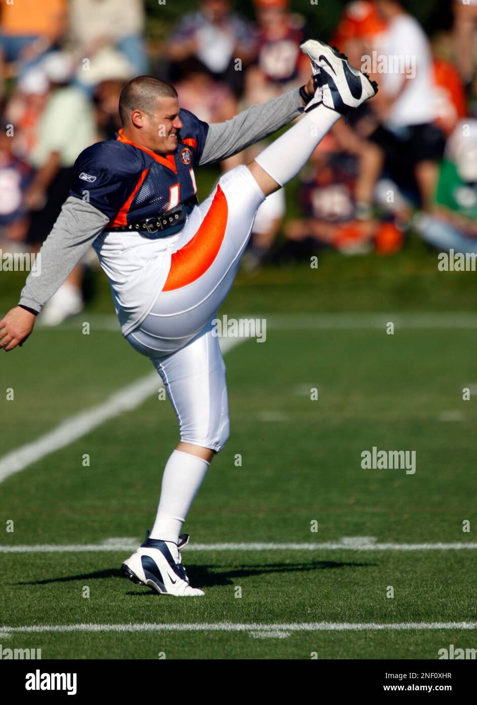 Denver Broncos long snapper Lonie Paxton takes part in drills during ...