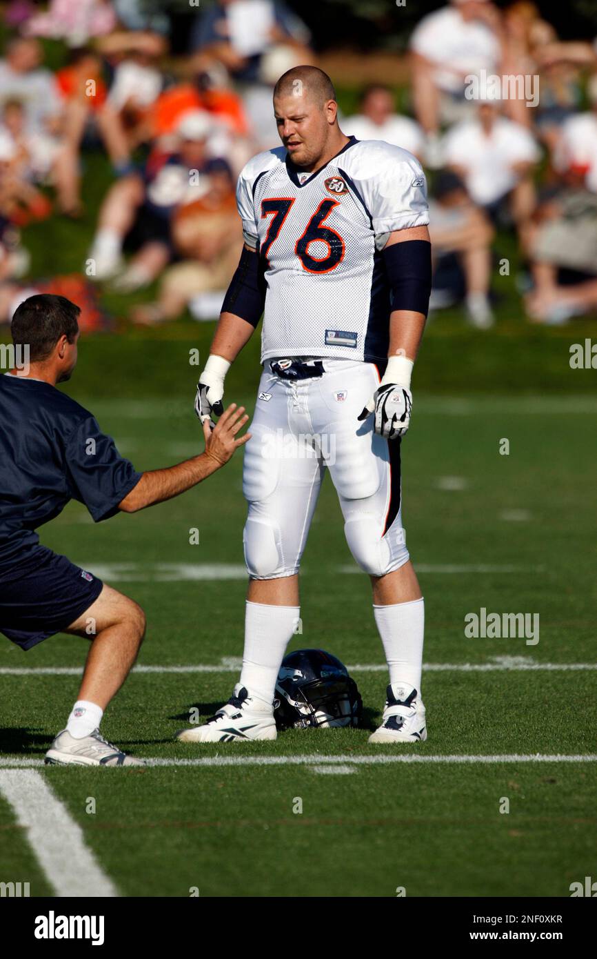 Denver Broncos tackle Tyler Polumbus takes part in drills during the ...
