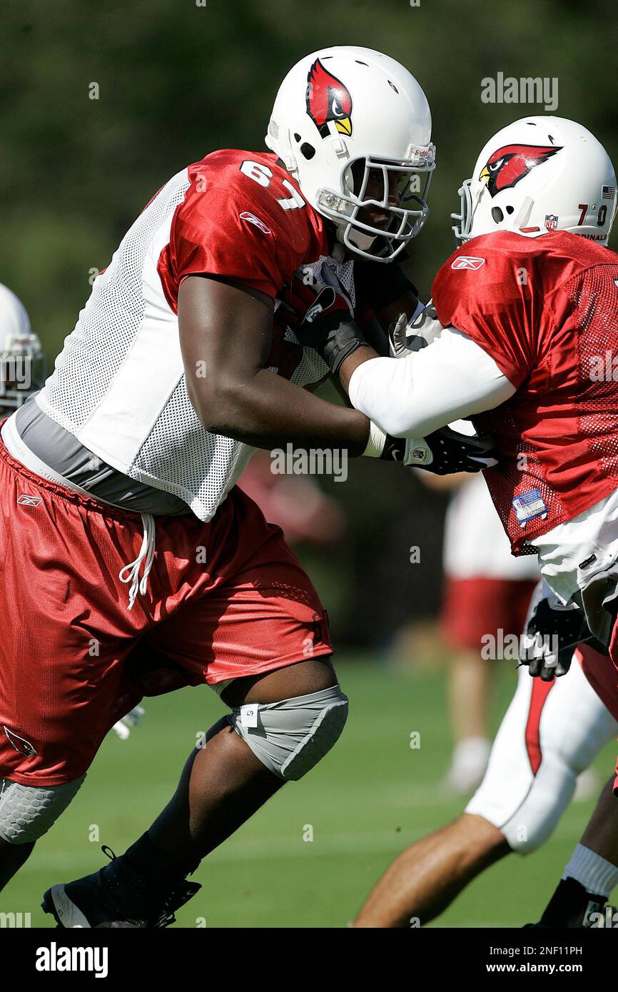 Arizona Cardinals rookie guard Herman Johnson runs drills during an NFL ...