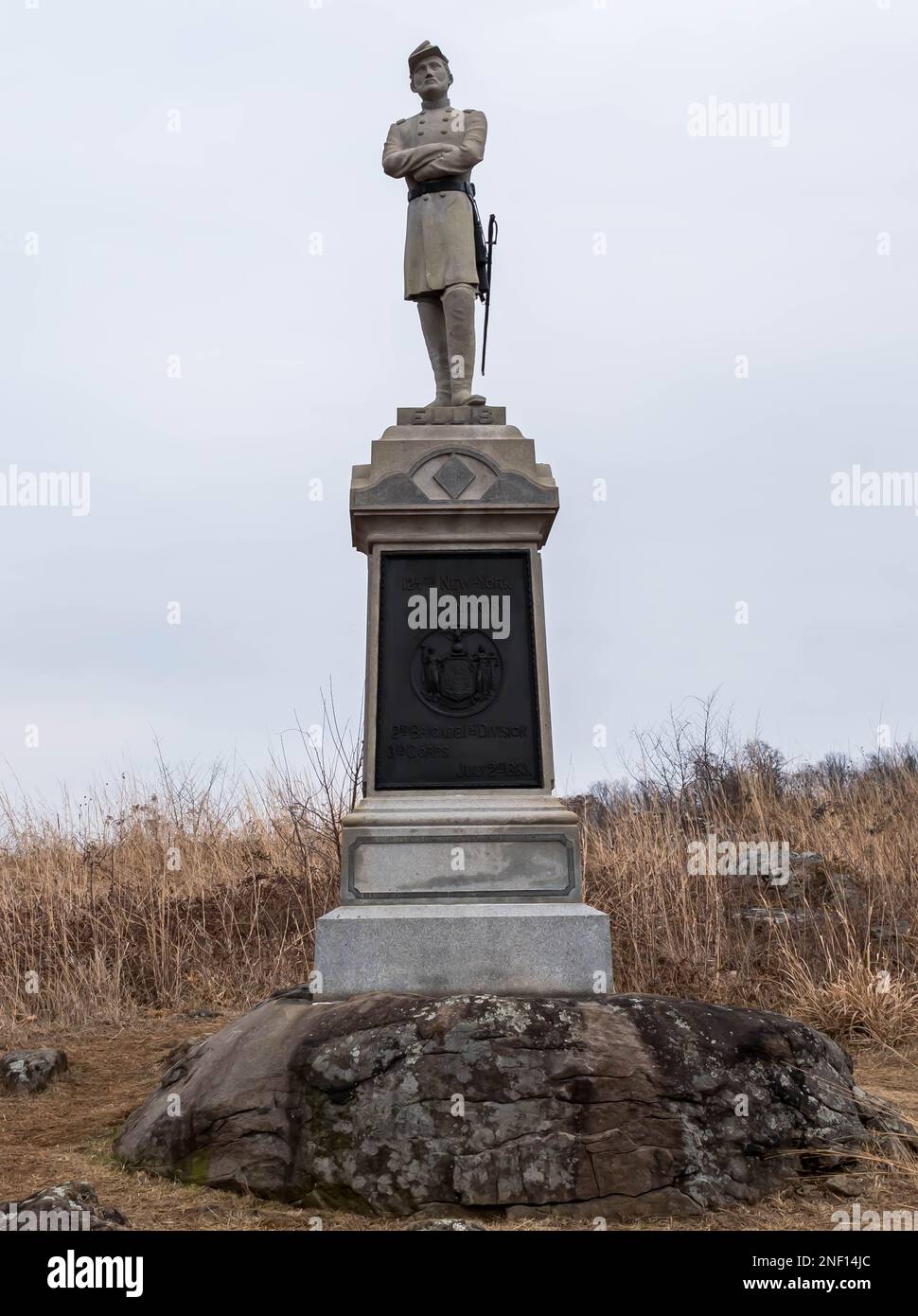 The 124th New York Volunteer Infantry Regiment monument in the Gettysburg National Military Park ...