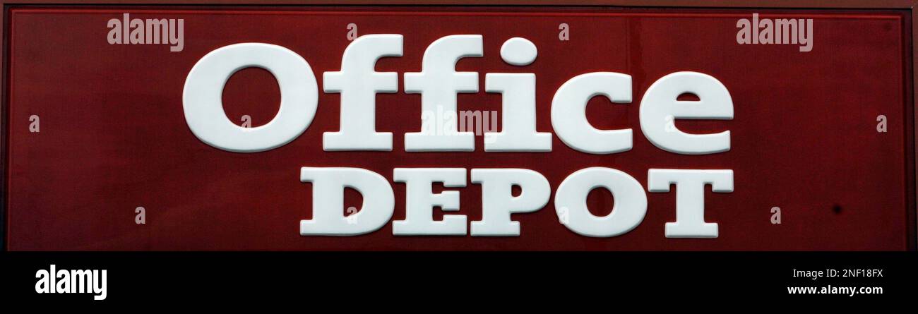 An Office Depot sign is shown at the store in Miami Springs, Fla ...
