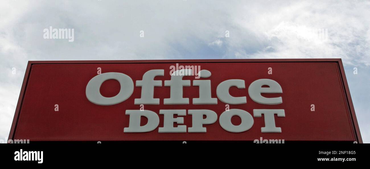 An Office Depot sign is shown at the store in Miami Springs, Fla ...