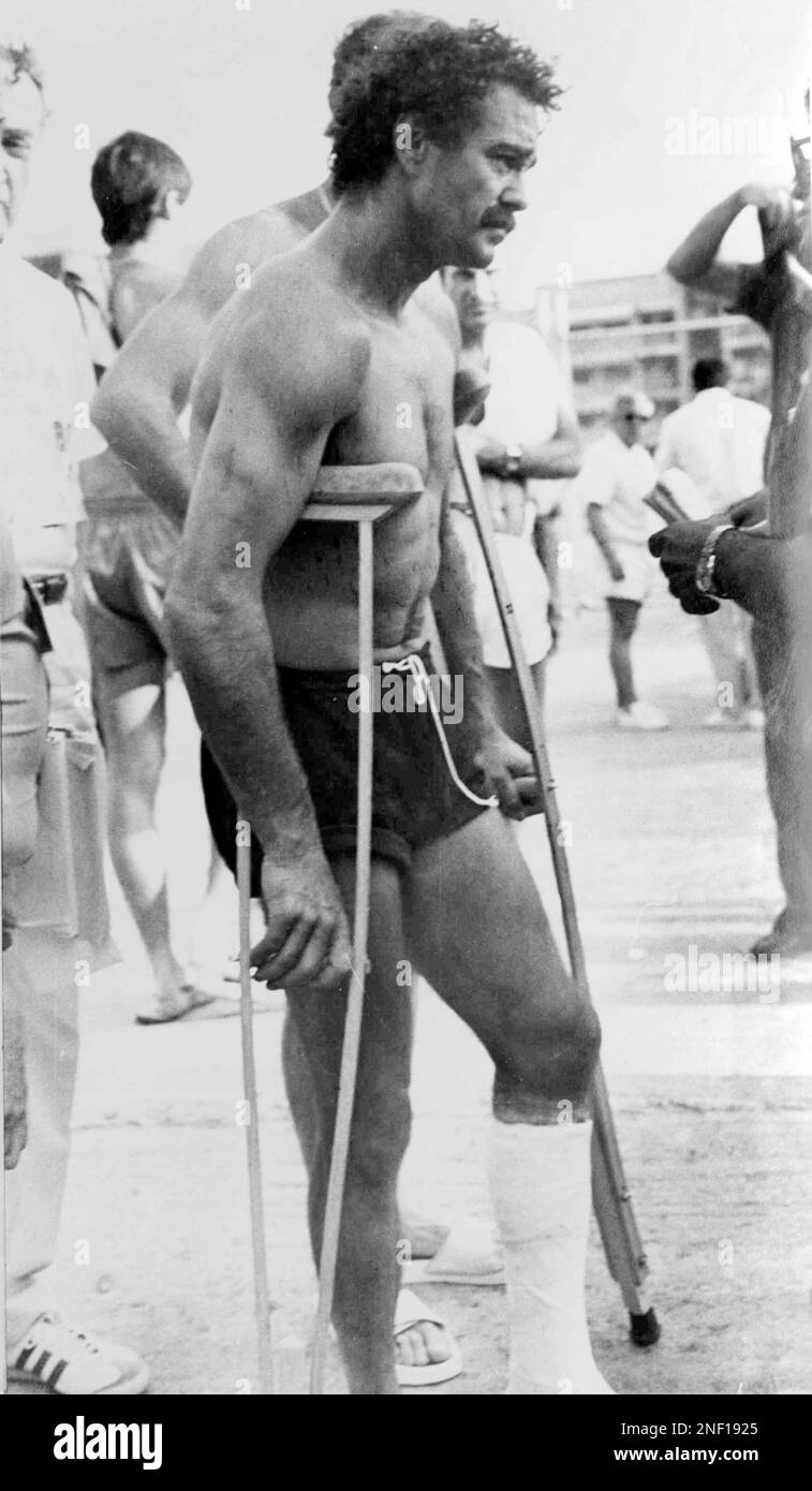 Portugal Captain and goalkeeper Manuel Bento, with his leg in plaster ...