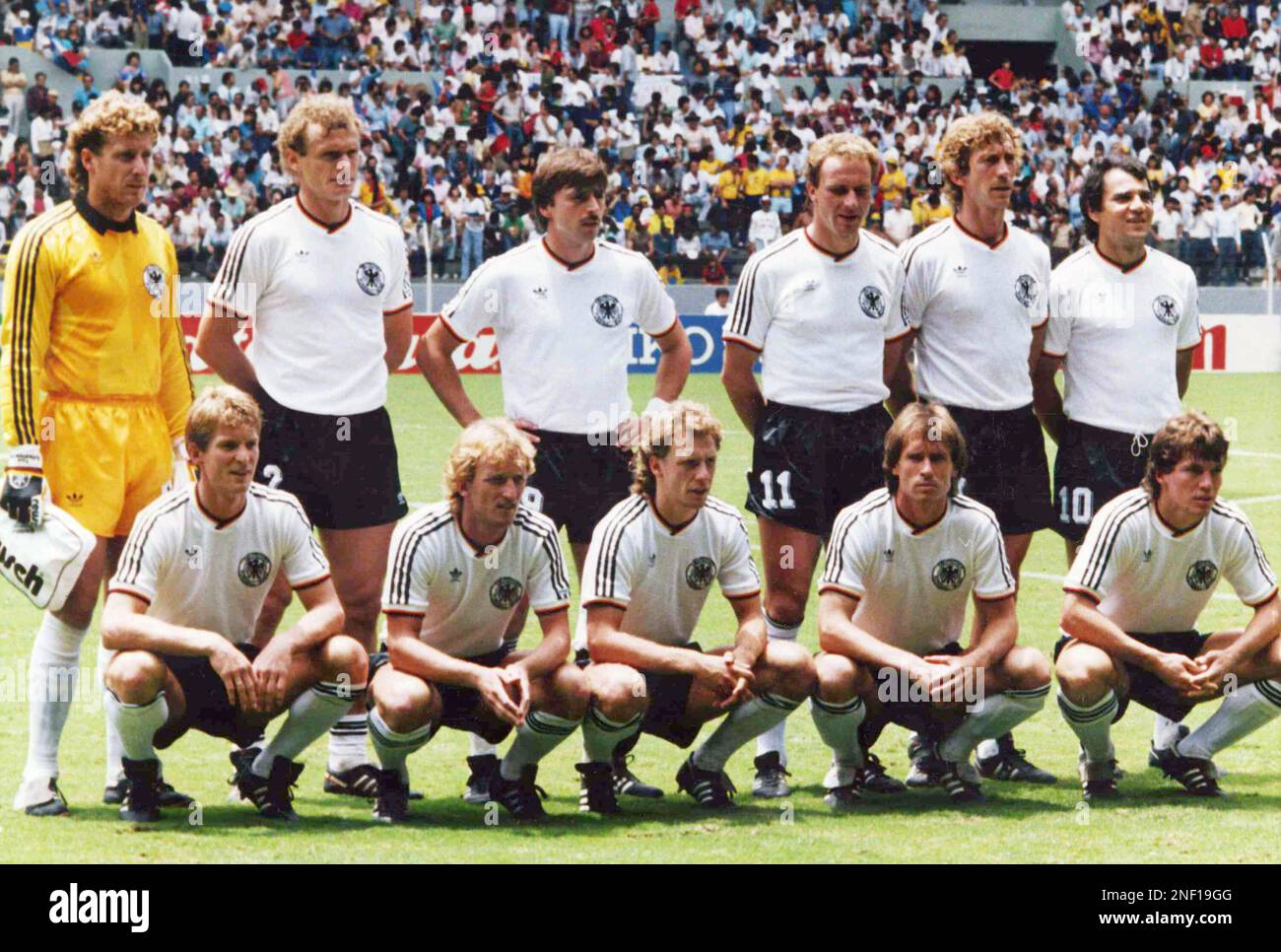 The German team line up for photographers before the start of the Football World Cup Semi-Final ...