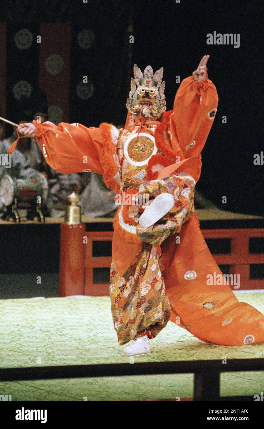 A member of the Japanese dance troupe performs the “Ranryo-o” during ...