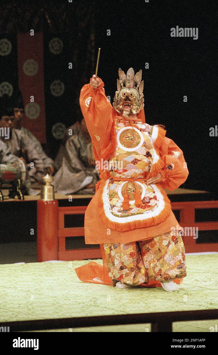 A member of the Japanese dance troupe performs the “Ranryo-o” during ...