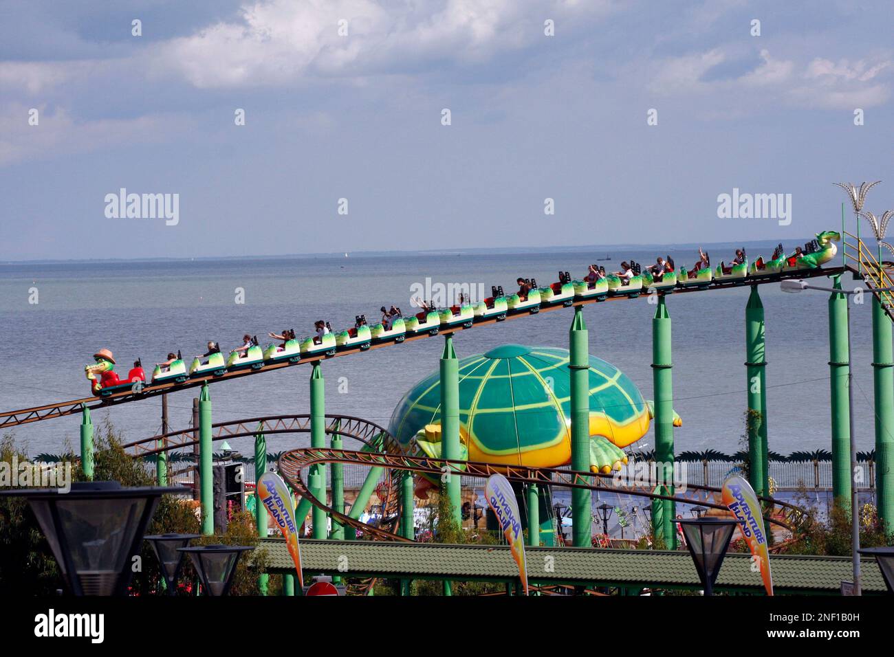 The turtle ride in an adventure park alongside, the Thames estuary on a ...