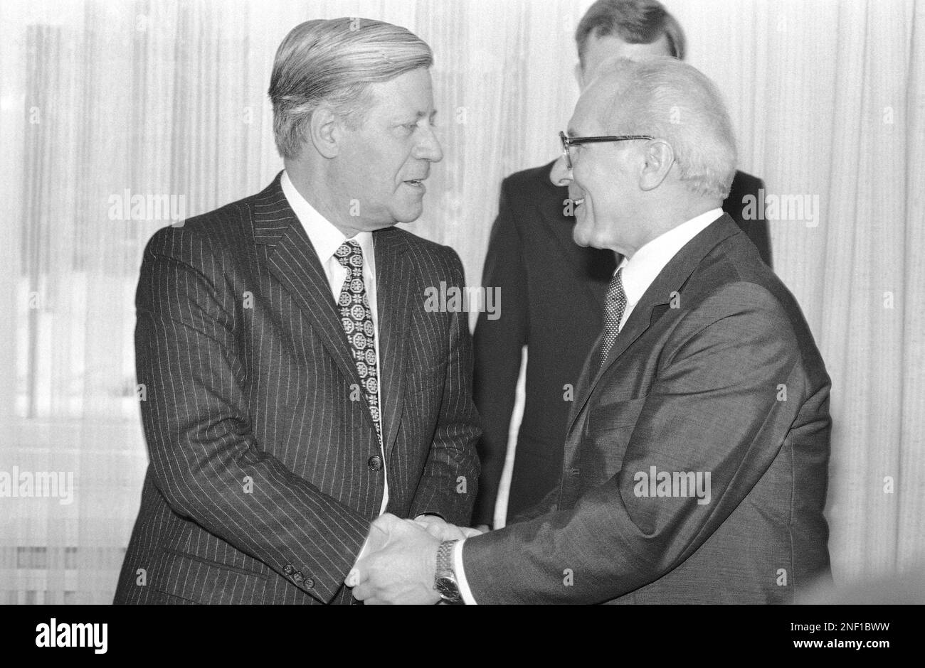 West German Chancellor Helmut Schmidt, left, and East German State and Party leader Erich ...