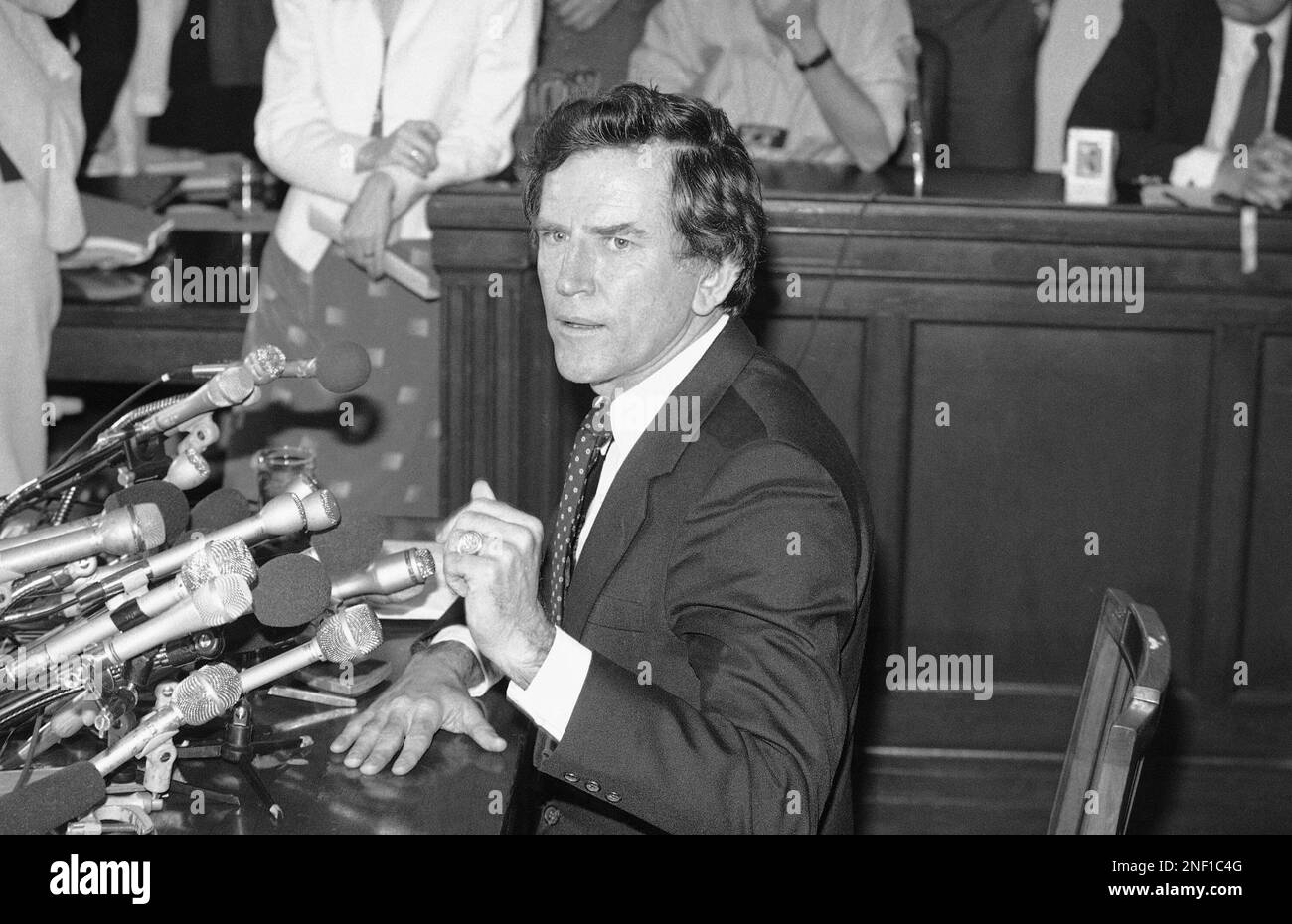 Sen. Gary Hart talks to Capitol Hill reporters, Wednesday, May 9, 1984 ...