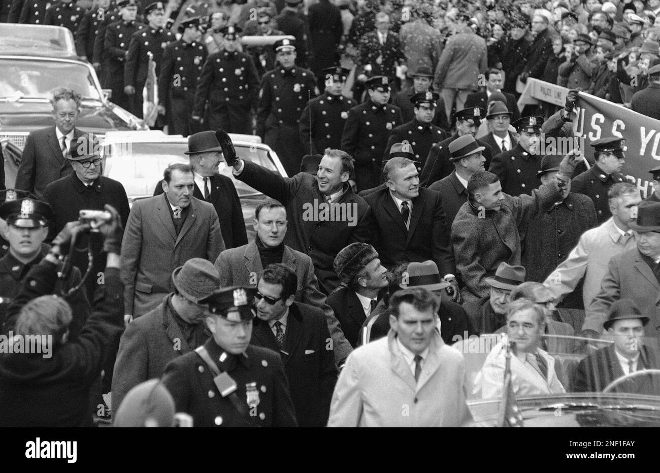The Apollo 8 astronauts ride, Jan. 10, 1969 in an open car up New York ...