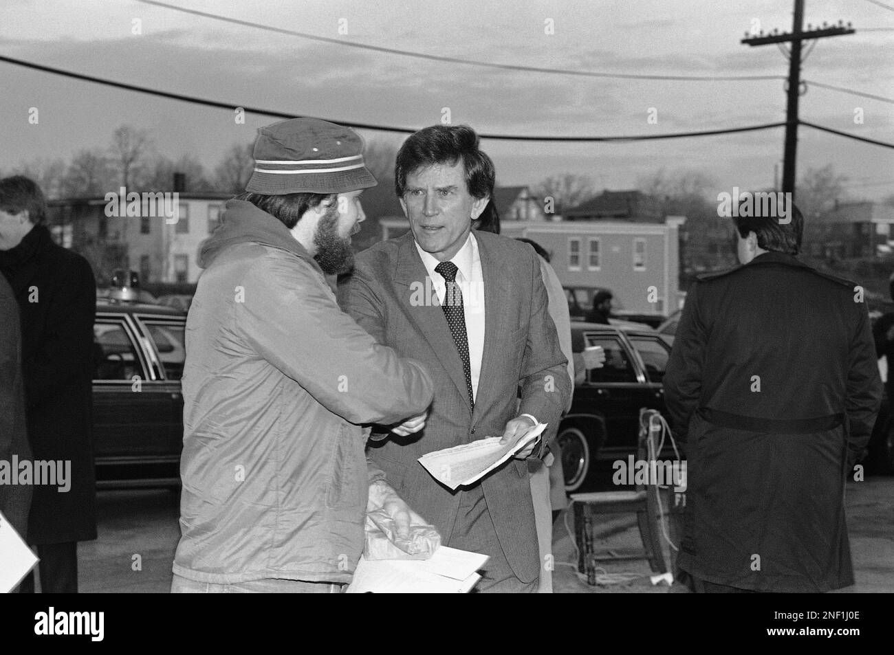 Sen. Gary Hart shakes hands, Monday, March 5, 1984 with workers ...