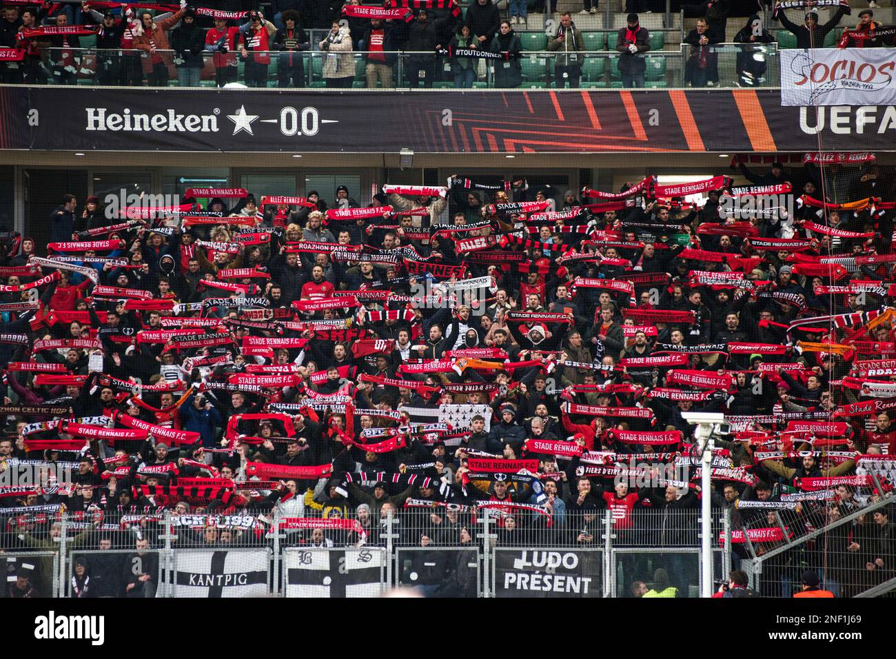 Fans of Rennes are seen during the UEFA Europa League 2022/23 1st leg ...