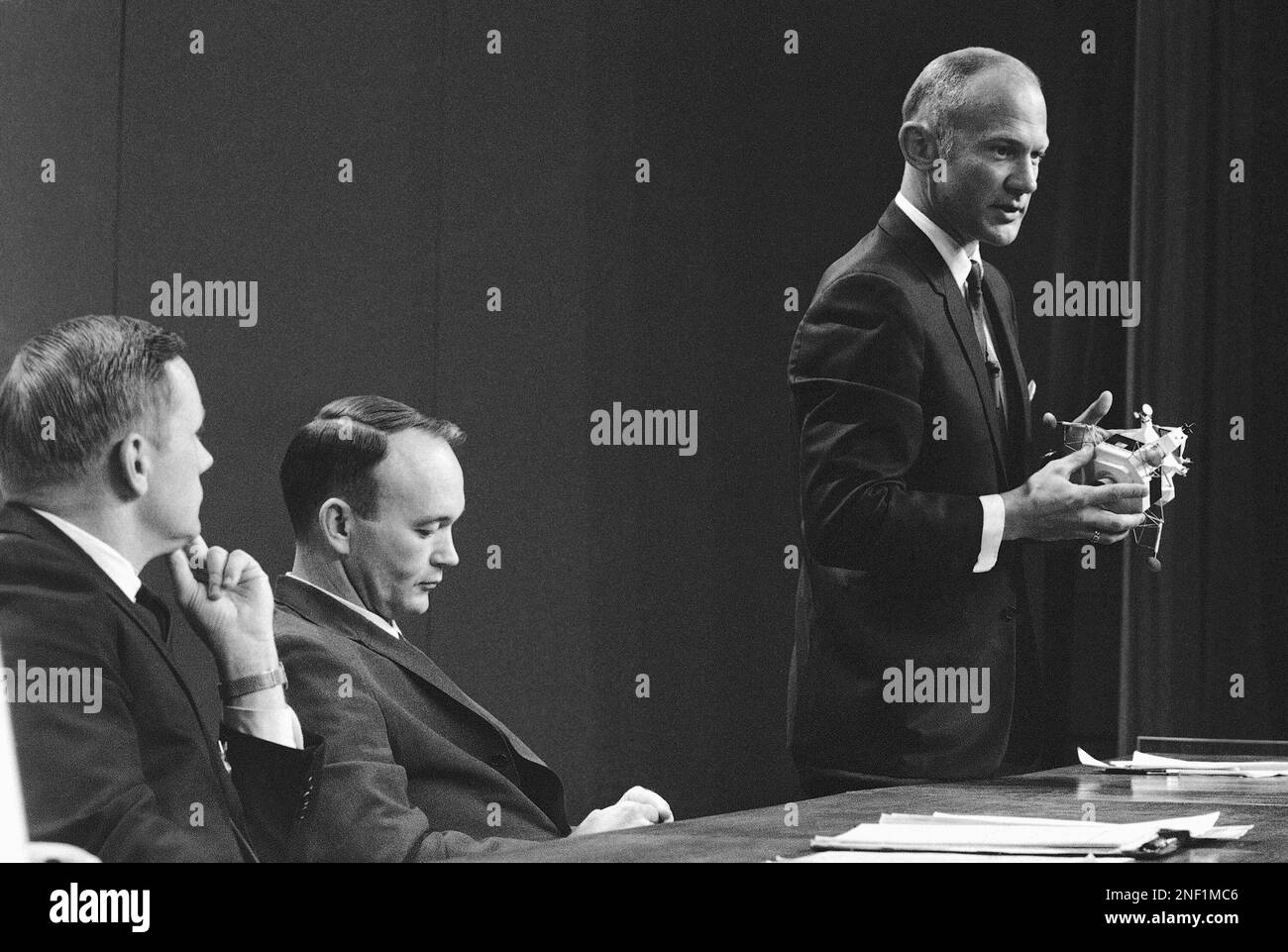 Air Force Col. Edwin E. Aldrin Jr. holds a model of the lunar module ...