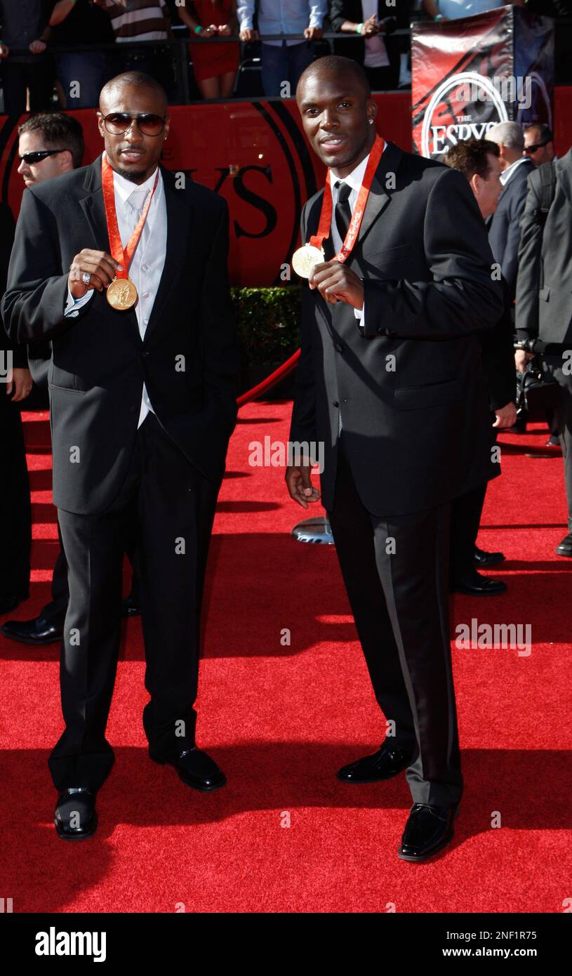 Angelo Taylor, left, and Usain Bolt arrive at the ESPY Awards on ...