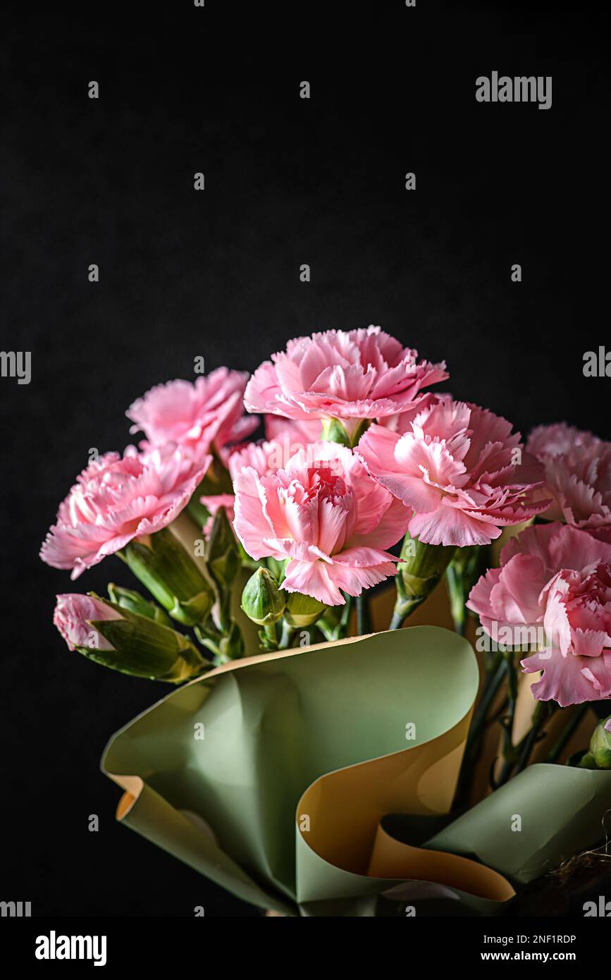 still life of small pink carnations on black background. High quality ...