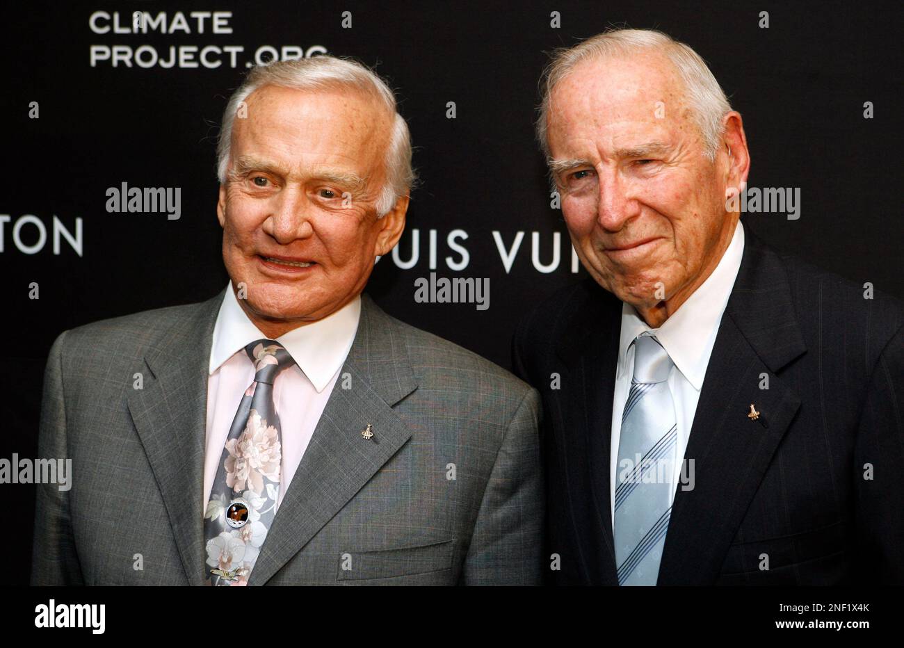 Astronauts Buzz Aldrin, left, and Jim Lovell arrive for an event ...