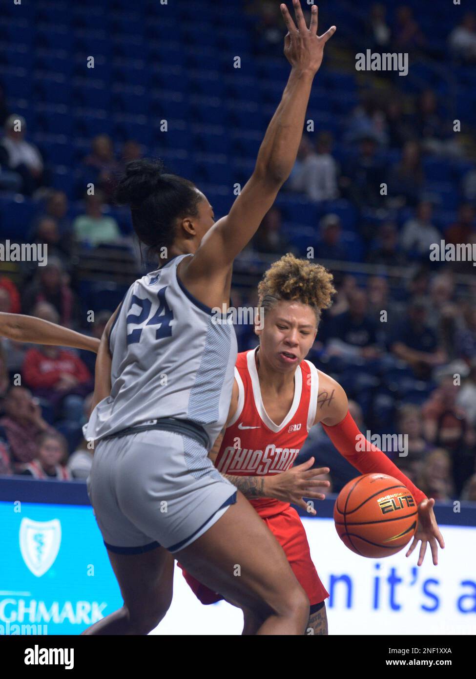 Ohio State's Rikki Harris, right, is defended by Penn State's Alexa ...