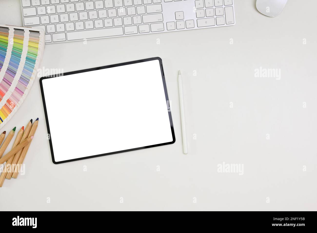 Top view, flat lay of minimal workspace on white table background with ...