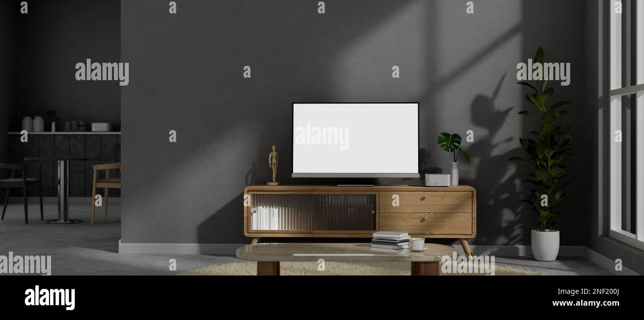 Interior design of modern loft living room with TV screen mockup stand ...