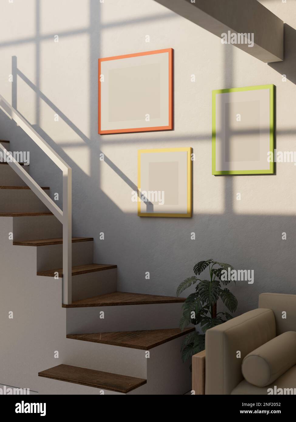 Modern contemporary home stairway interior design with blank empty ...