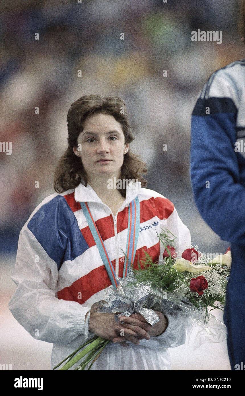 Bonnie Blair of the U.S. wears her Bronze medal, during a presentation ...