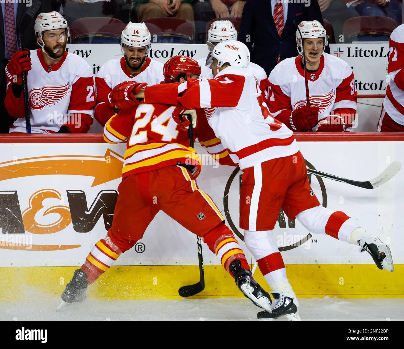 Detroit Red Wings forward David Perron, right, checks Calgary Flames ...