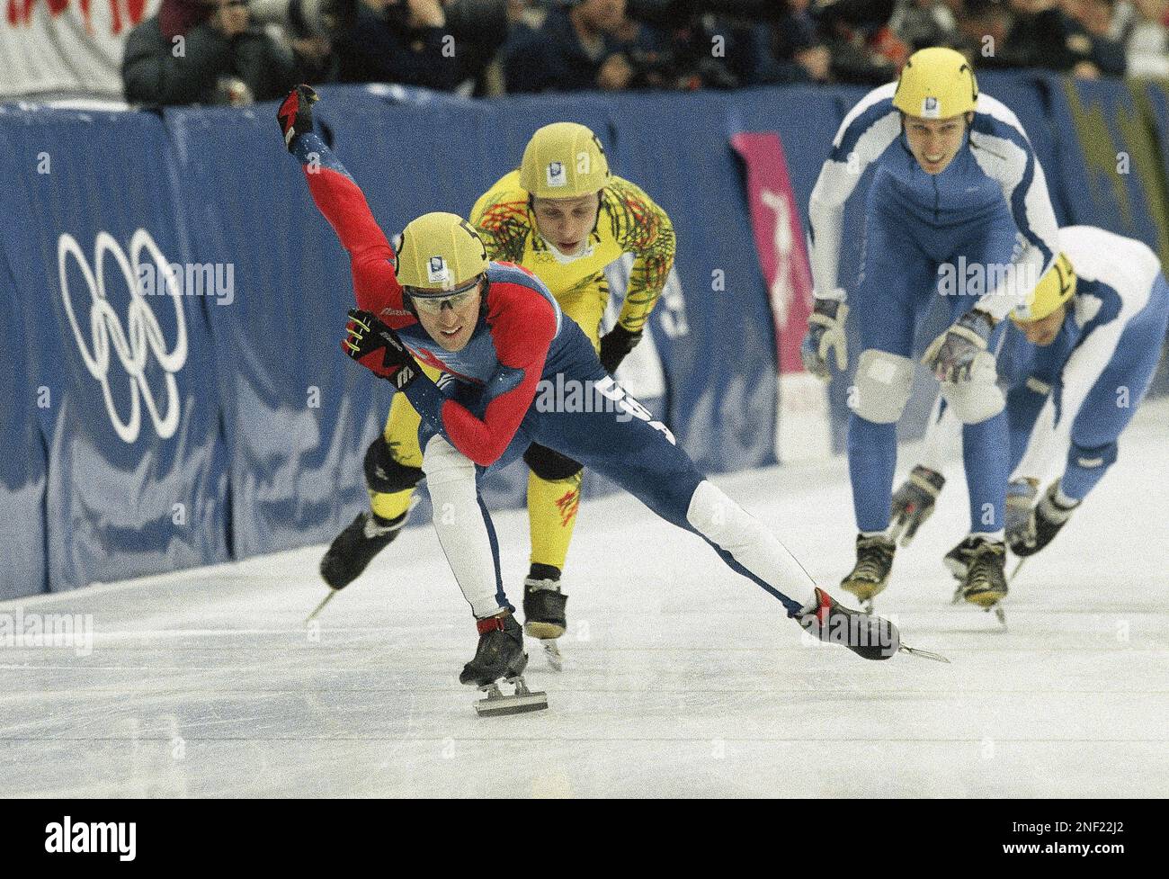 American Eric Flaim, left, of Pembroke, Mass., leads the pack in the Olympic men’s 5000-meter ...