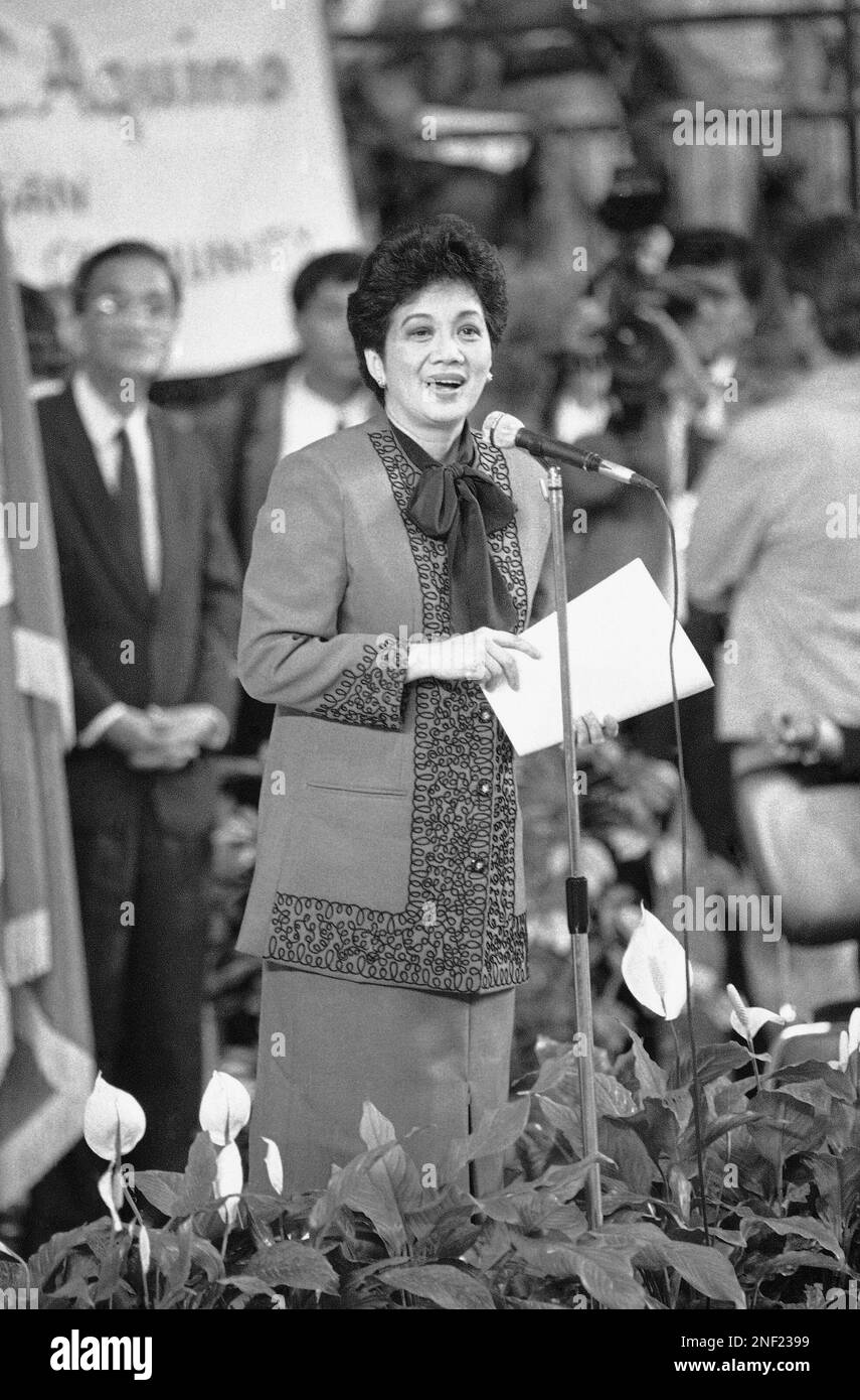 President Corazon "Cory" Aquino of the Philippines, addresses members ...