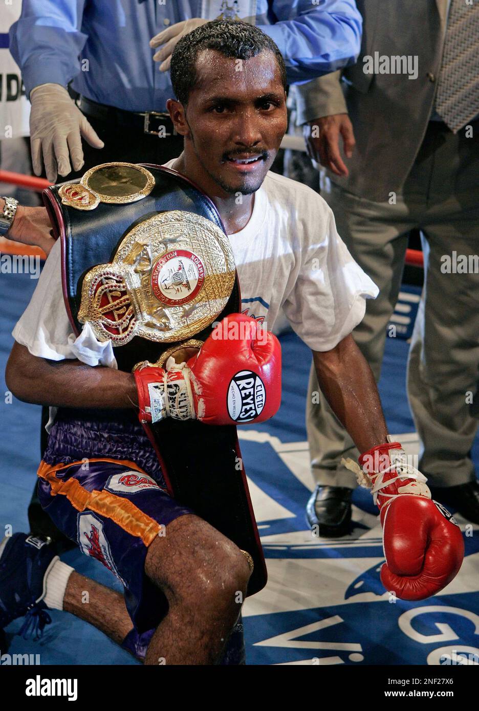 Panama's Anselmo Moreno poses with the WBA bantamweight champion belt ...