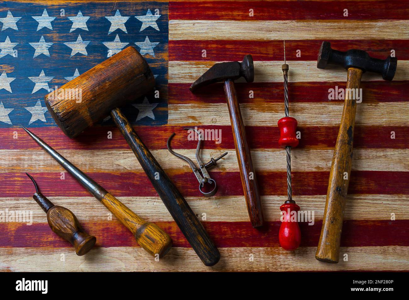 Old Tools On Wooden Flag Stock Photo - Alamy