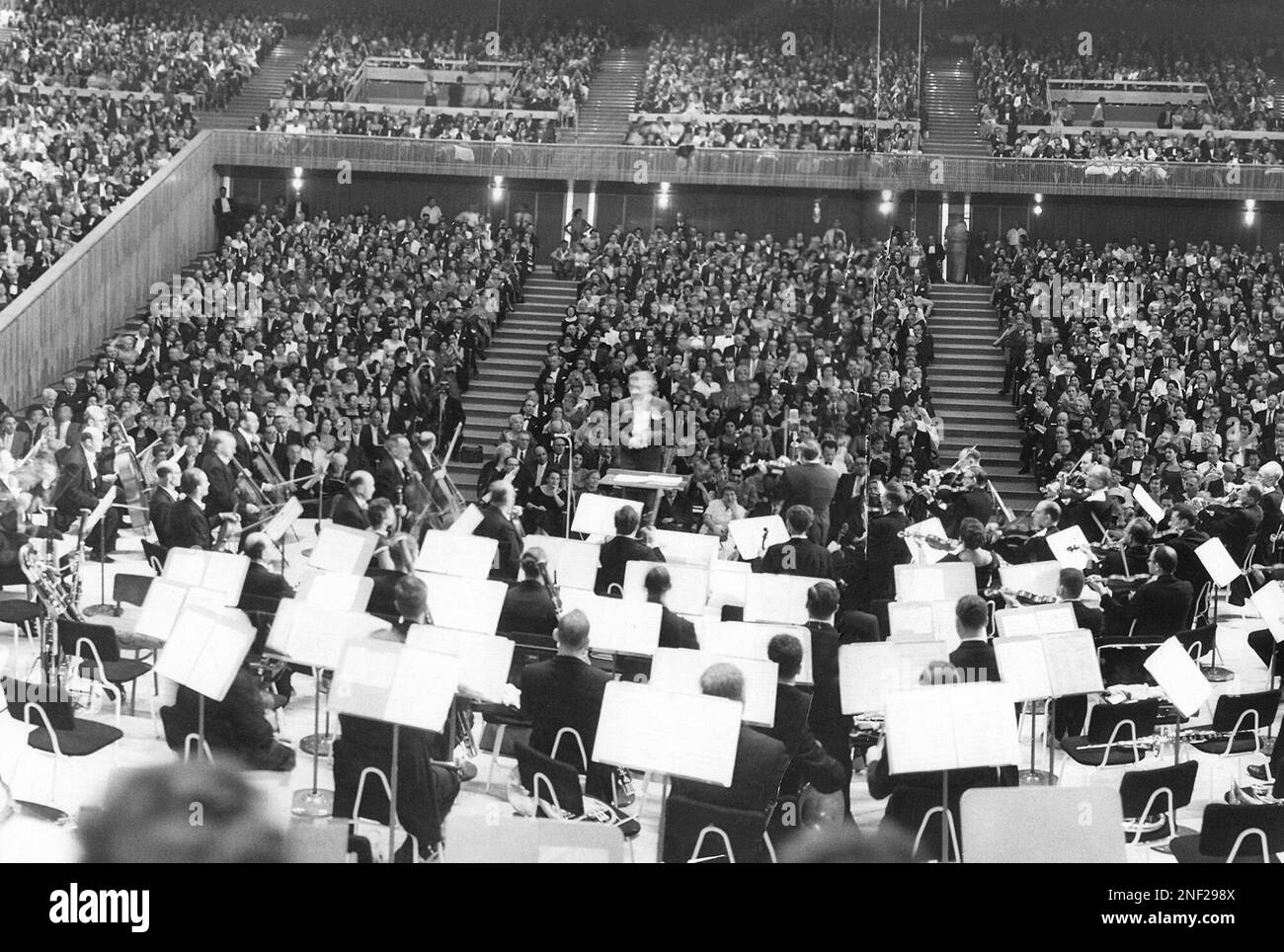 Leonard Bernstein, American conductor and composer, conducts the Israel ...