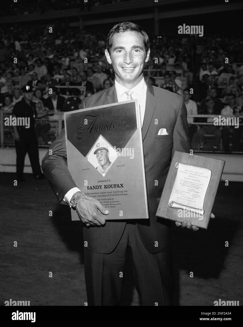 Sandy Koufax poses with his awards at Shea Stadium, Sept. 18, 1967, New ...