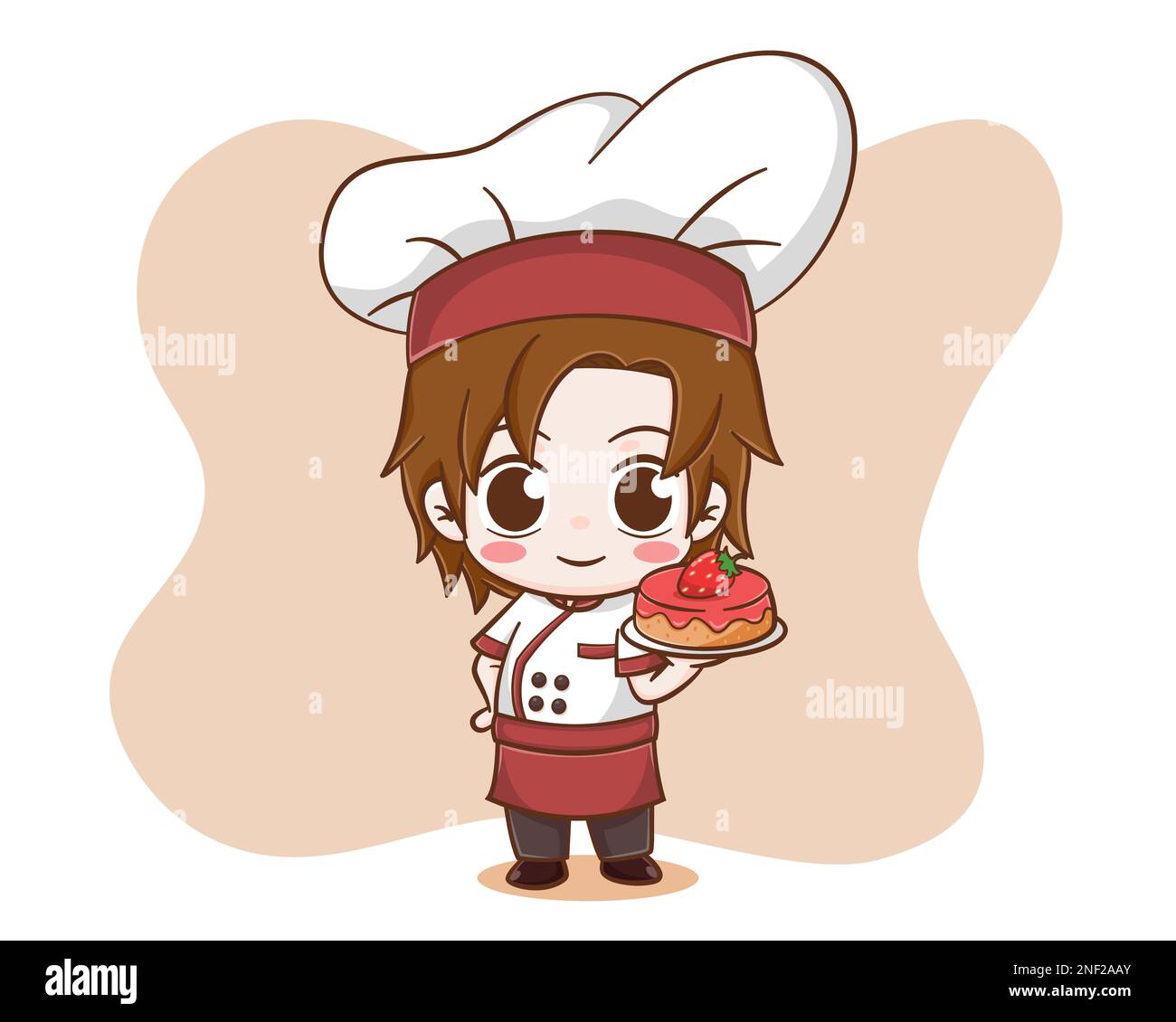 Cute chef boy holding strawberry cake cartoon illustration Stock Vector ...