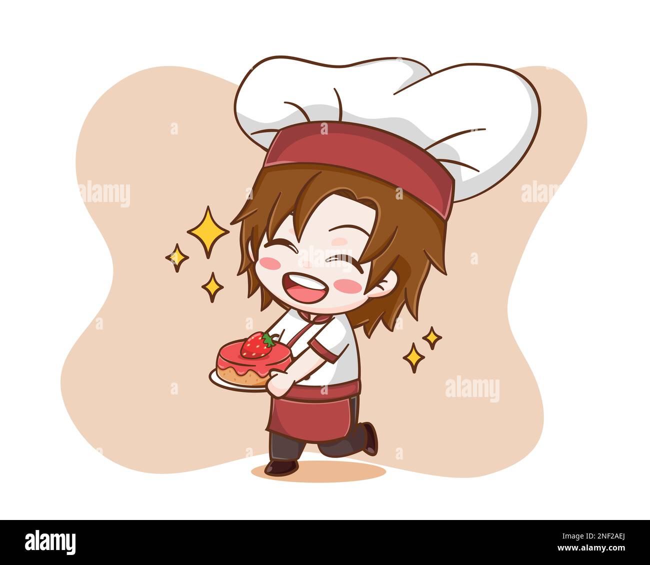 Cute chef boy bringing strawberry cake cartoon illustration Stock ...