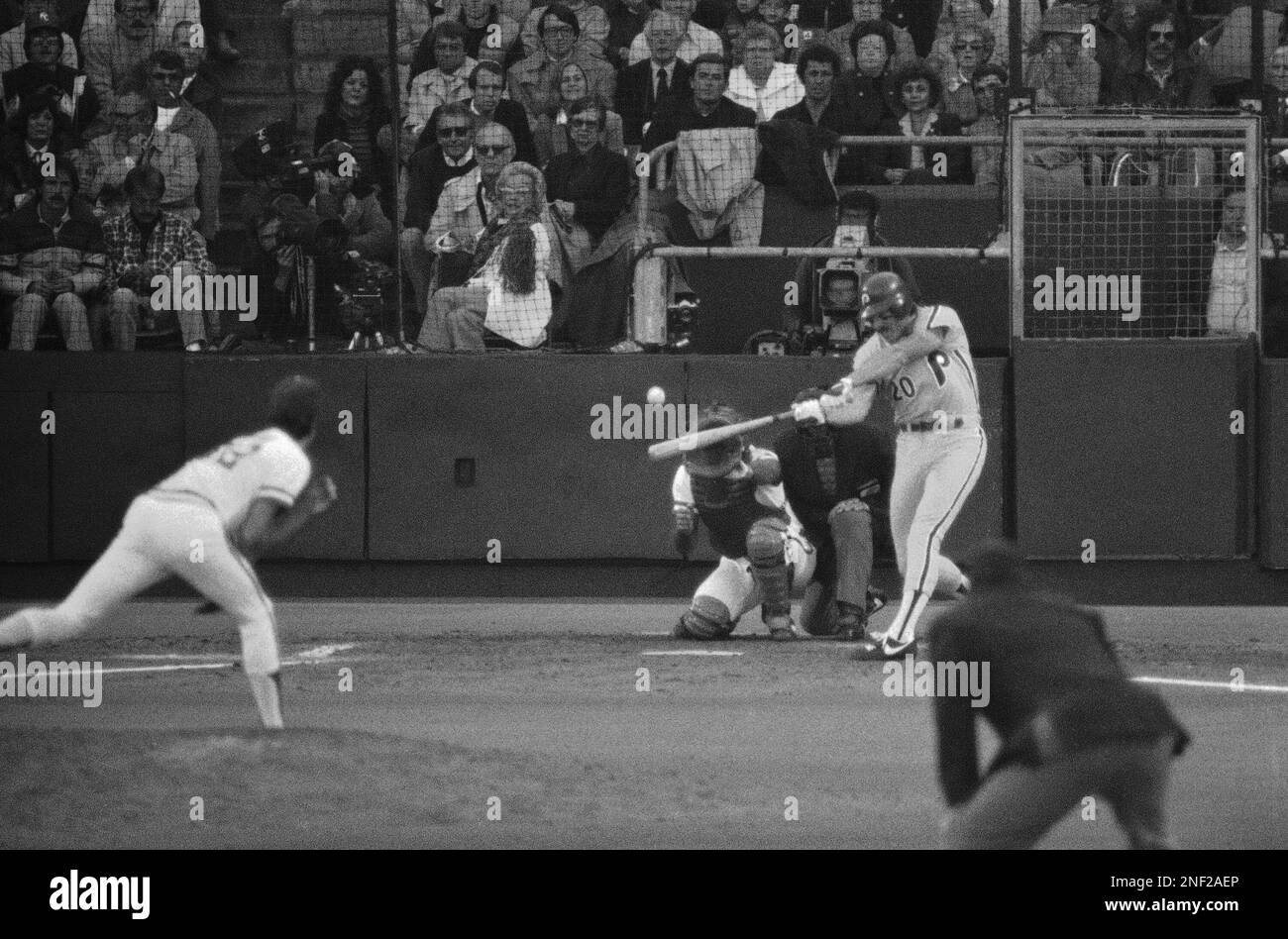 Philadelphia Phillies slugger Mike Schmidt follows through on his home ...