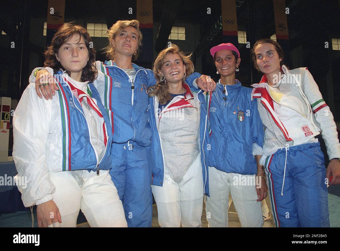 Members of Italy’s women’s foil fencing team pose in Barcelona on ...