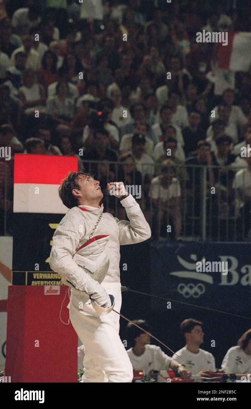 Marco Marin of Italy exults the silver medal he won in men’s sabre ...