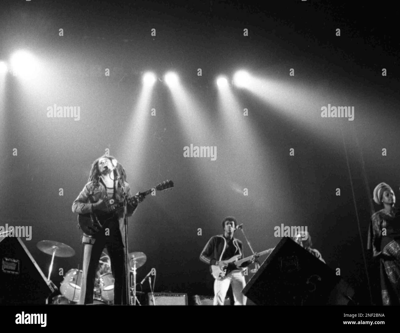 Jamaican Reggae singer Bob Marley and his backing group The Wailers ...