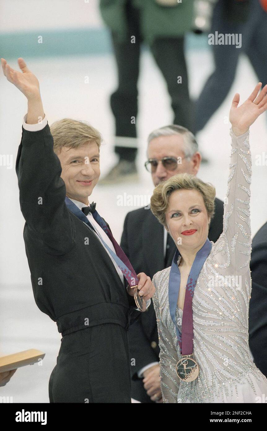 Christopher Dean, left, and Jayne Torvill celebrate their bronze medal ...
