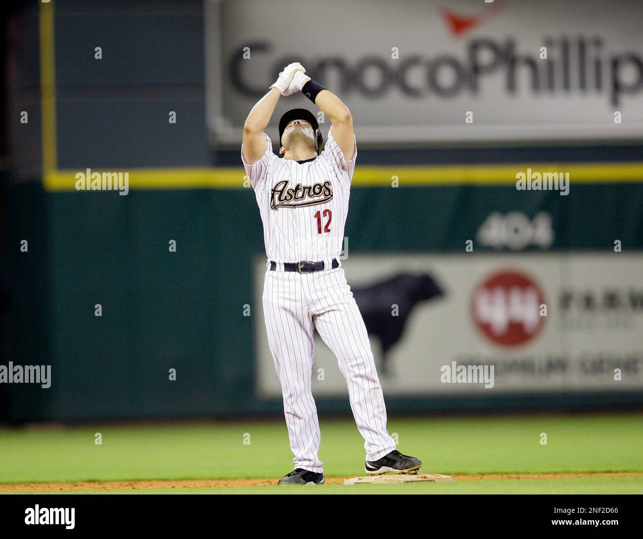 Houston Astros catcher Ivan Rodriguez reacts after hitting a double ...