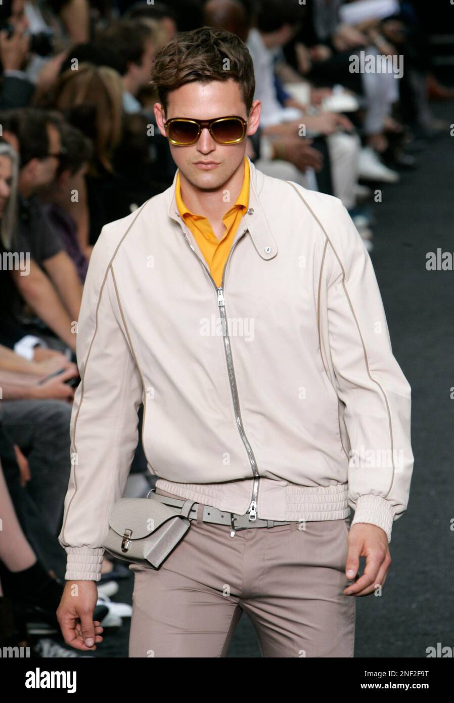 A man wears a creation designed by Paul Helbers for Vuitton's men's ...