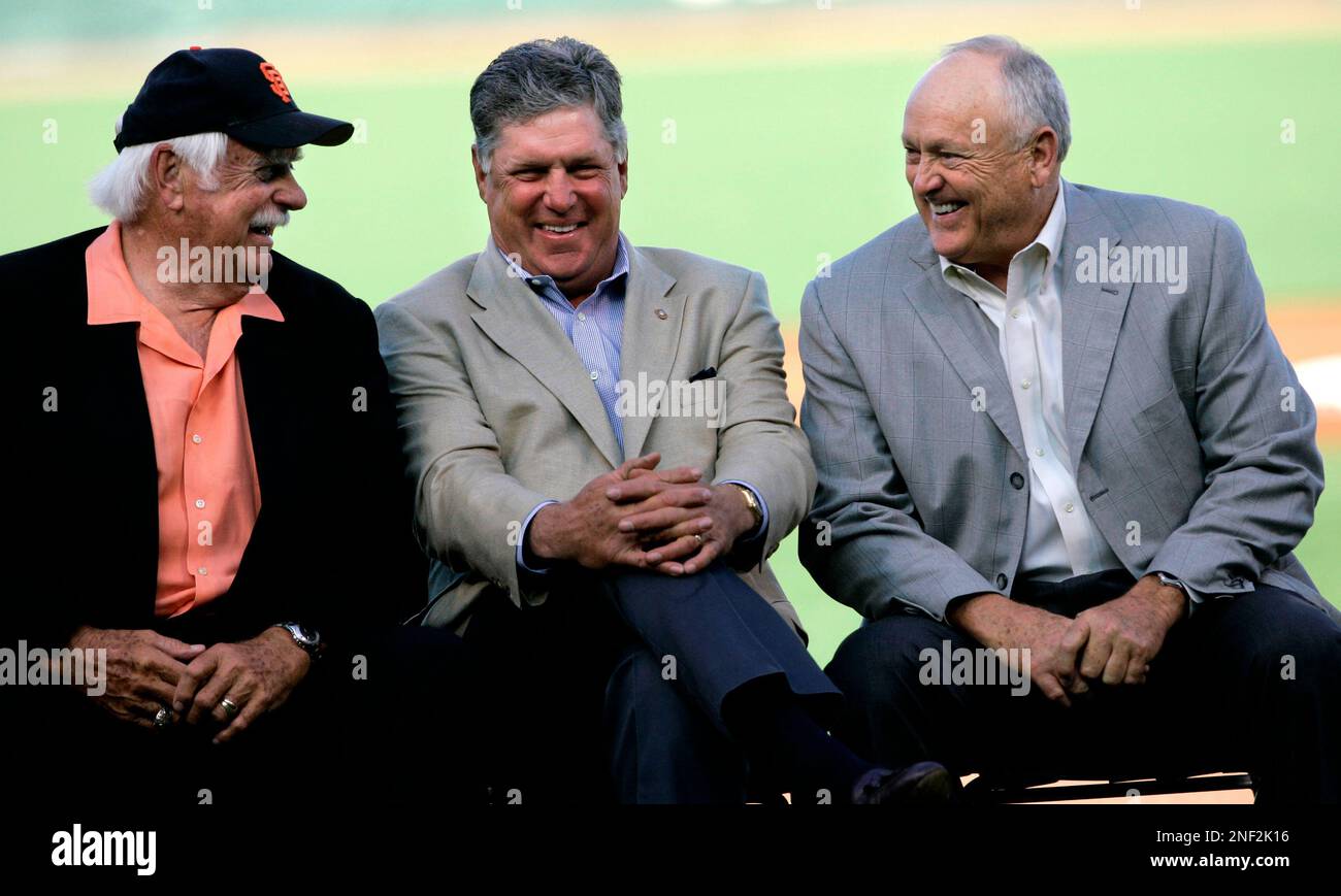 Hall of Fame pitchers Gaylord Perry, from left, Tom Seaver, and Nolan ...