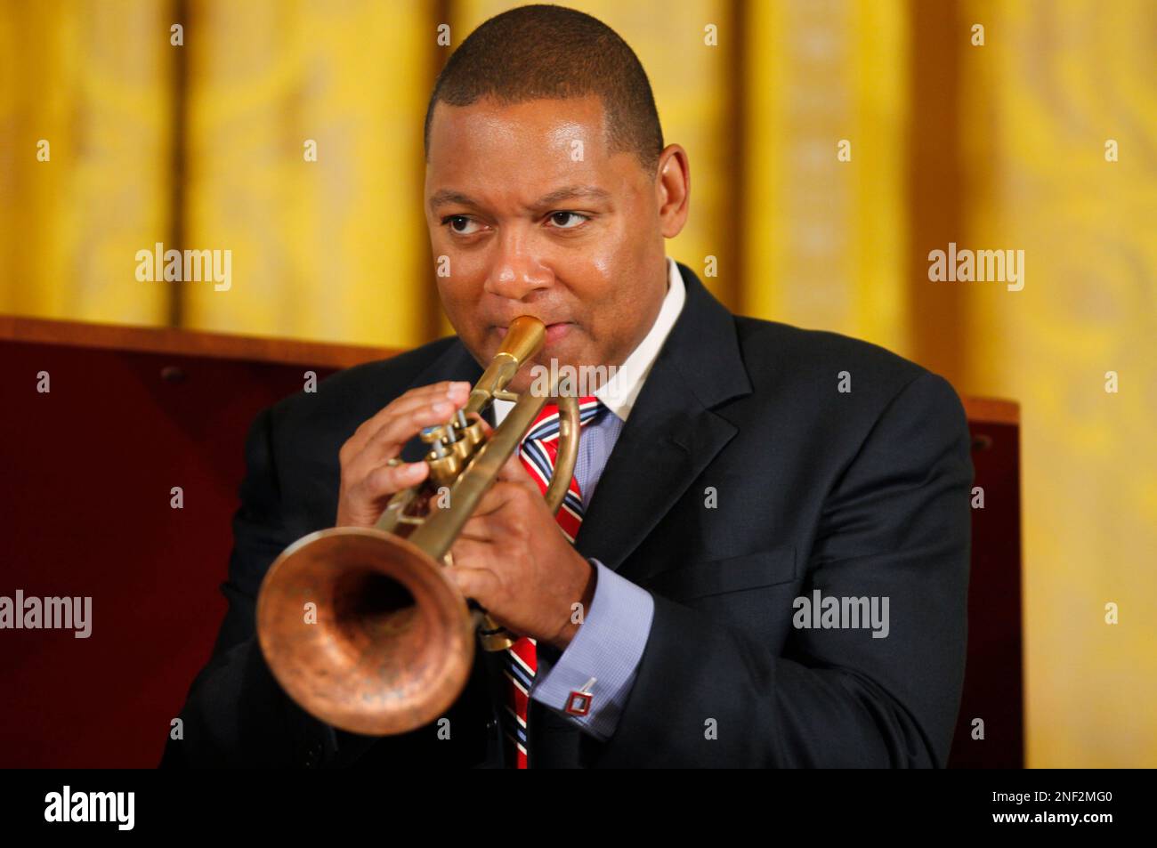 Jazz trumpeter Wynton Marsalis plays during a jazz workshop studio for ...
