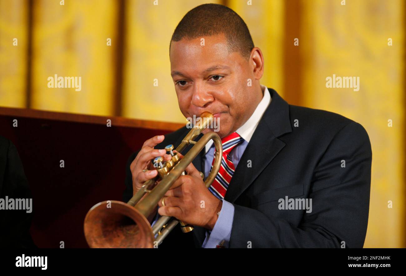 Jazz trumpeter Wynton Marsalis plays during a jazz workshop studio for ...