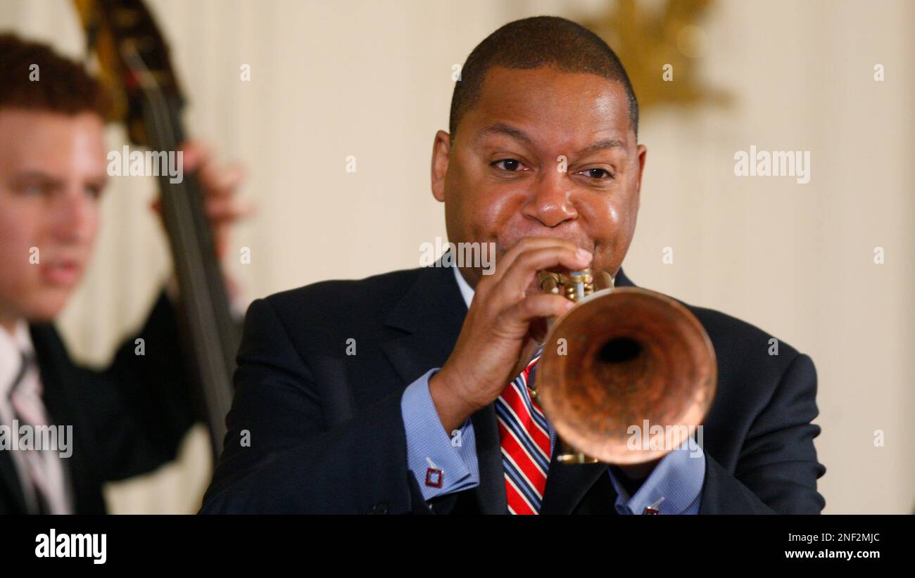 Jazz trumpeter Wynton Marsalis plays during a jazz workshop studio for ...